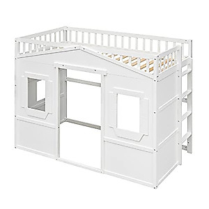 Bellemave House Loft Bed Twin Beds Solid Wood Frame with Window and Wall Fun Playhouse Ladder for Kids Boys Girls Teens, Size, White