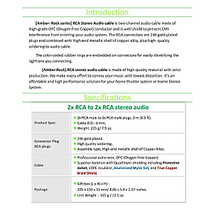 amber RCA to RCA Stereo Audio Cable, Analog, OFC, 24K Gold Plated. (2 m/ 6.5 ft)