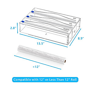 KDSKSC Tin Foil Organizer for Drawer with 12 Labels, Plastic Wrap Dispenser with Cutter, 3 in 1 Acrylic Aluminum Foil Holder, 2 Drawer Organizer for Kitchen Wrap Not Moldy | Visible | Fits 12" Roll
