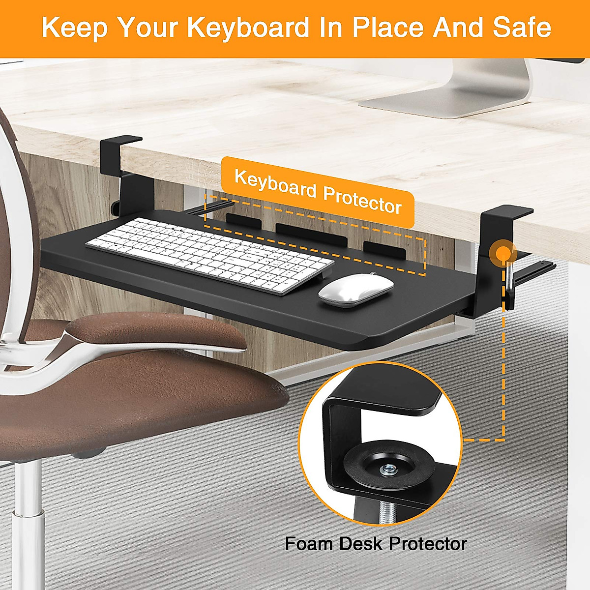 ErGear Keyboard Tray Under Desk, 26.3” (30.7" Including Clamps) x 11.8” Slide-Out Enlarged Keyboard Mouse Holder, Ergonomic Clamp on Computer Drawer Extender, Black