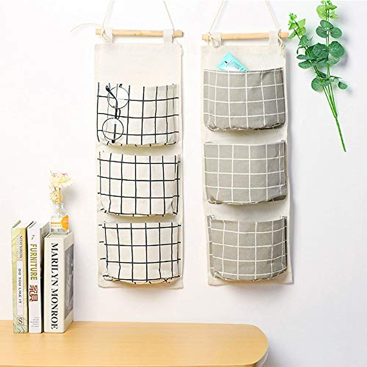 3Pcs Wall Closet Hanging Storage Bag, AUHOKY Premium Linen Fabric Over The Door Organizer, Hanging Storage Pouches with 3 Pockets for Bedroom Bathroom - Waterproof & Stylish (Black/Gray/White)