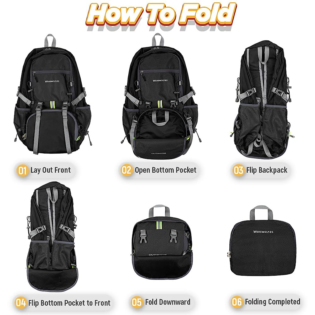 WEREWOLVES Lightweight Waterproof Foldable Small Backpack - Water Resistant Hiking Daypack for Outdoor Camping Travel (20L, Navyblue)