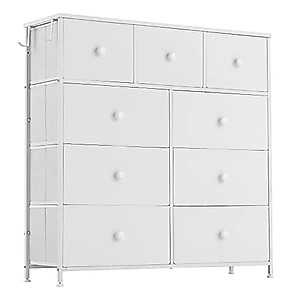Sapodilla 9 Drawers Dresser for Bedroom,Chest of Drawers with Metal Frame Side Hook Wood Top,Large Capacity Closet Dresser in Living Room Hallway Nursery Storage Room (White, 9 Drawers)