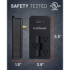 ECHOGEAR Wall Outlet with Surge Protection - Power & Protect 8 Devices with 6 Rotating AC Plugs & 2 USB Ports - Includes 1x USB-C Port & 1x USB-A Port - Black