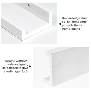 Fun Memories White Picture Ledge Shelves Set of 4, Wooden Kids Nursery Bookshelf 16 Inch, Floating Picture Shelves for Wall with Lip, Solid Wood Photo Ledge Shelves for Bedroom, Living Room, Office