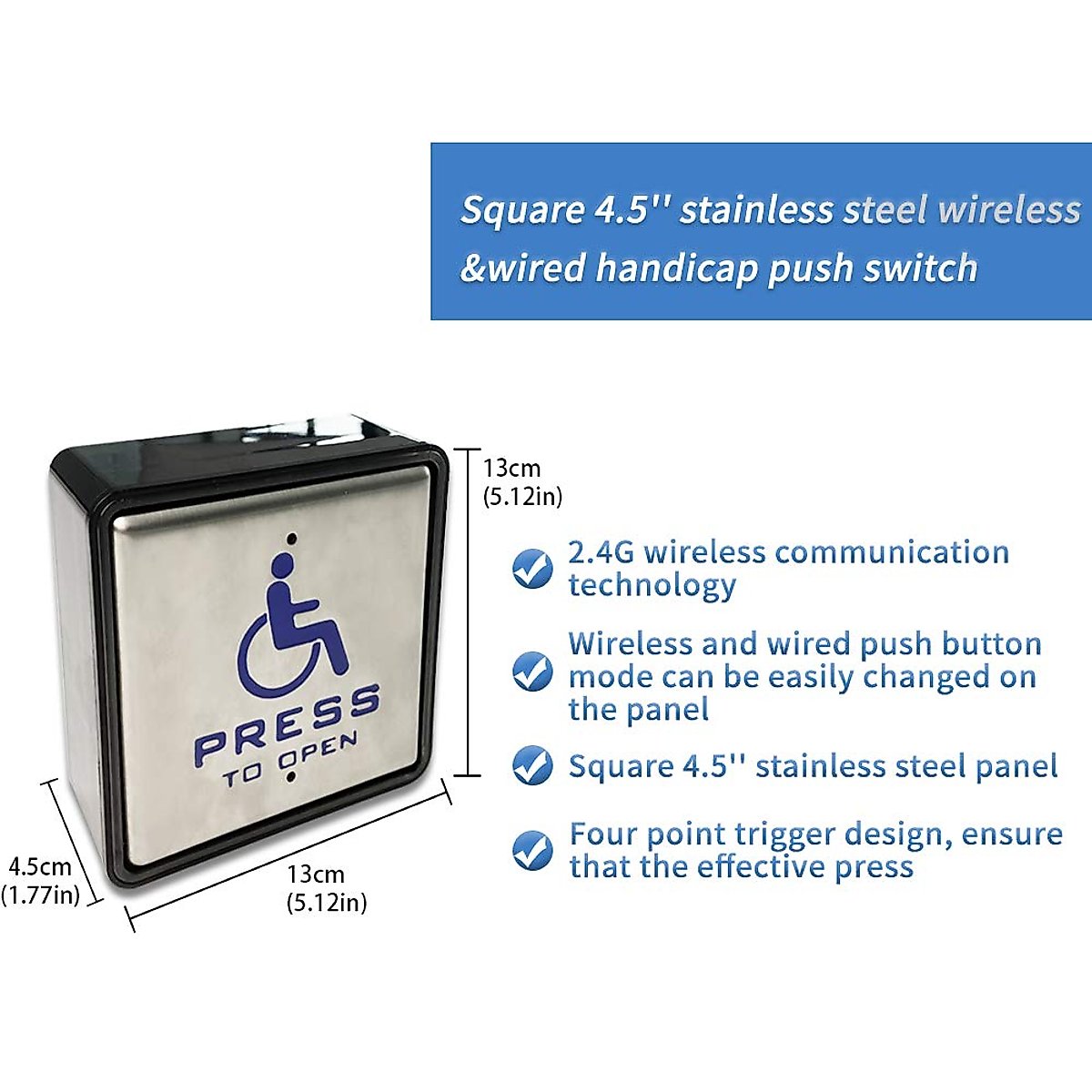Olideauto Handicap Wireless Push Switch with 2pcs Square 4.5'' Push Panels and 1pcs 2.4G Frequency High Stability Receiver