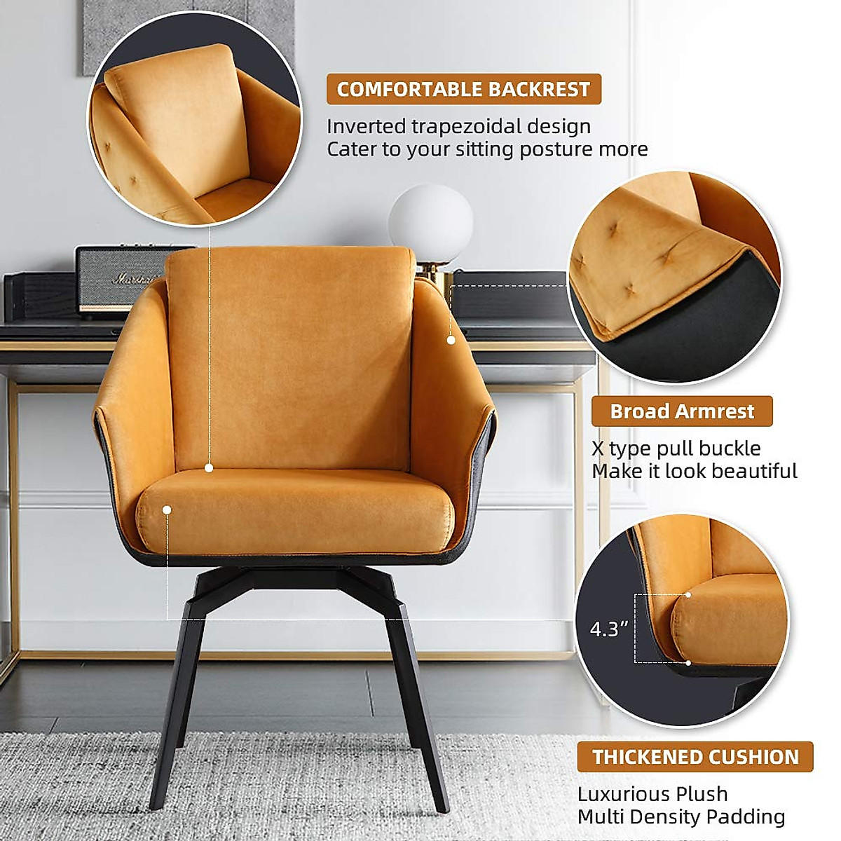 Zerifevni Antique Velvet Accent Chair with Armrest Upholstered Swivel Computer Desk Chair with Arms for Home Office Study Bedroom Armchair(Yellow)