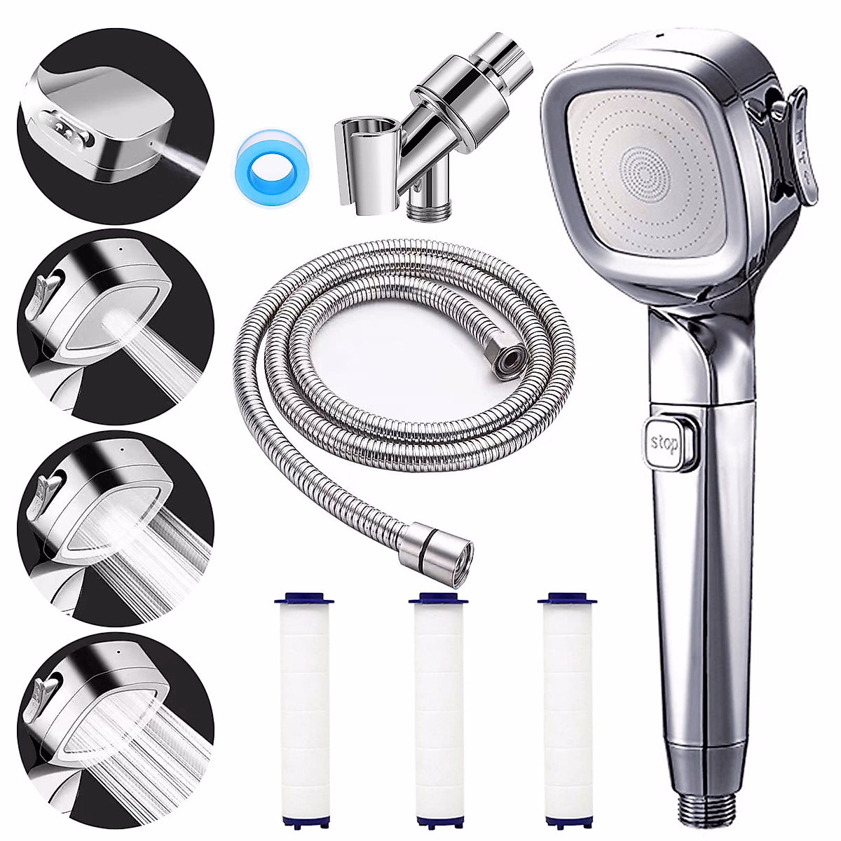 IOUHAPPY High Pressure 4-mode Handheld Shower Head Filtered Shower Head, One-key Stop Water Shower Heads with Handheld Spray, Extra Long 79 Inch Stainless Steel Hose, Wall & Overhead Brackets