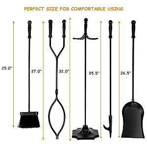 Tangkula 32 inch Fireplace Set 5 Piece Rustic Heavy Duty Compact Wrought Iron Fire Place Tool Set with Pedestal Place, Hearth Tool