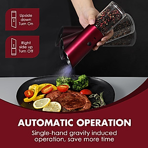 Vzaahu Gravity Electric Pepper and Salt Grinder Set of 2 - Rechargeable, Refillable, Adjustable Coarseness, Stainless Steel Salt Pepper Mill with LED light - One Hand Operation (Red)