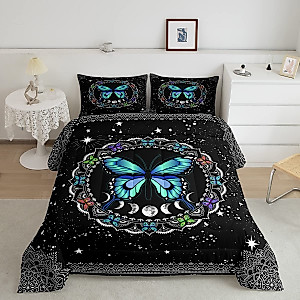 Erosebridal Butterfly Bedding Set King Size Galaxy Duvet Set Starry Sky Comforter Sets Boho Colorful Wild Animals Down Comforter for Moth Trippy Moon All Season Mandala Black White Duvet Set