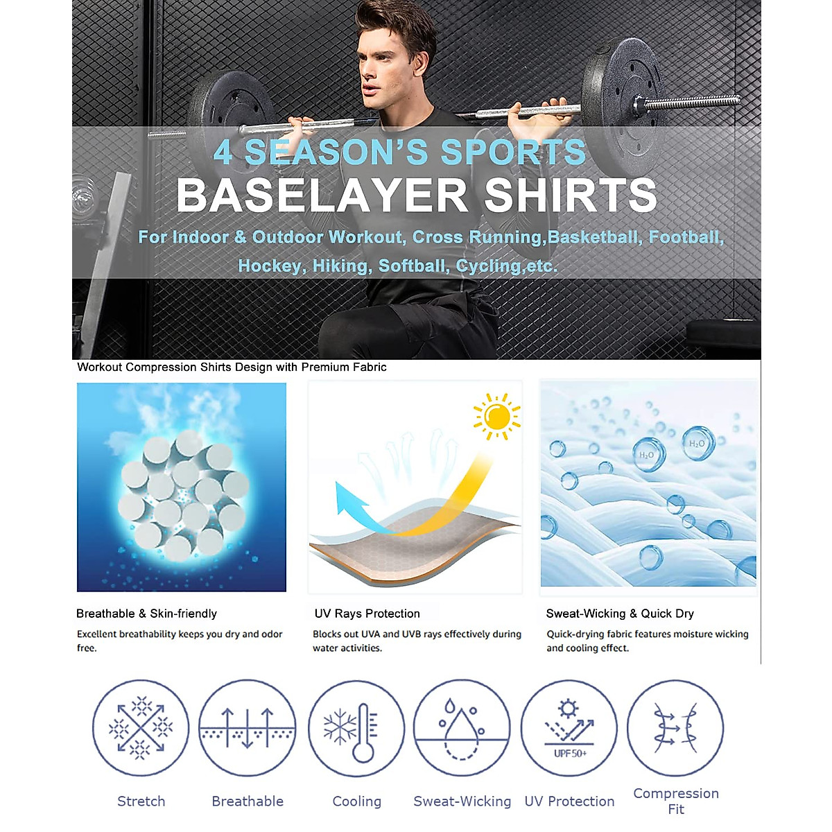 Blue Men's Compression Shirts Long Sleeve, Dry Fit Athletic Workout Gym Shirts Sports Base Layer Top Running T-Shirt