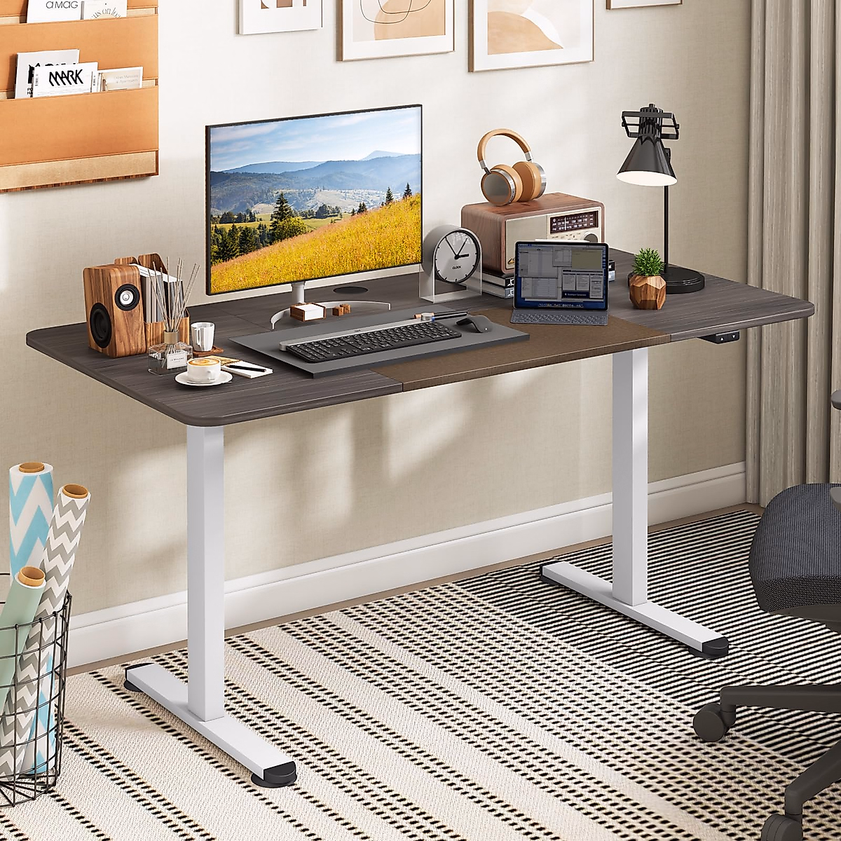 Tangkula 55 x 28 Inch Large Electric Standing Desk, Height Adjustable Sit to Stand Desk with Powerful Motor & Anti-Collision Design, Ergonomic Stand Up Workstation with Metal Frame, Home Office Desk