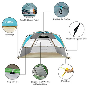 G4Free Easy Set up Beach Tent Deluxe XL, Portable Beach Shade 4 Person Pop up Sun Shelter UPF 50+ UV Protection Large Family Size(Lake-Blue)