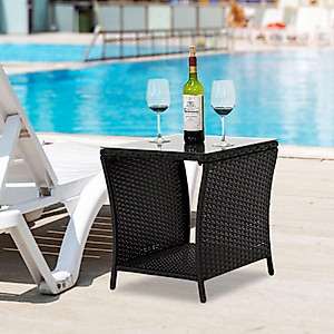 Kinsunny Square Glass Top Wicker Coffee Table, Outdoor Side Tables with Storage, Patio Furniture Patio Coffee Bistro Table PE Rattan Wicker Side Table w/Glass Top Indoor Outdoor, Black