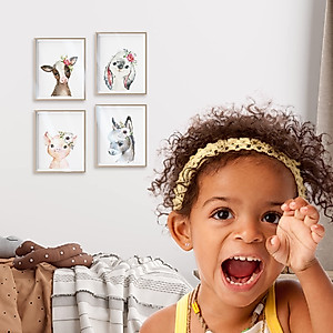 Designs by Maria Inc. Set of 4 UNFRAMED Farm animal kids nursery decor | Cute animal pictures | Animal posters safari wall decor | Farm Animal with Floral Crown Wall Art | Farmhouse Artwork (8"x10")