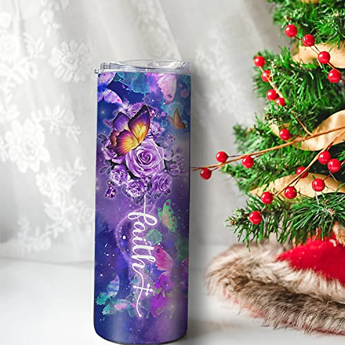 Purple Butterfly Style Butterfly Lover Inspiration Motivational Love Faith Hope Tumbler Cup with Lid, Double Wall Vacuum Thermos Insulated Travel Coffee Mug or Gym Fitness Travel Office Use 20oz