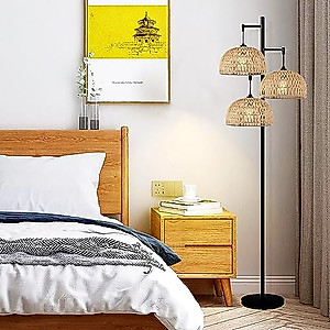 QIYIZM Floor Lamp for Living Room,Bedroom,3-Lights Boho Rattan Floor Lamps,Tree Farmhouse Industrial Black Standing Lamp Wicker Rustic Adjustable Tall Lamp,Woven Bamboo LampShade Floor Light Bohemian