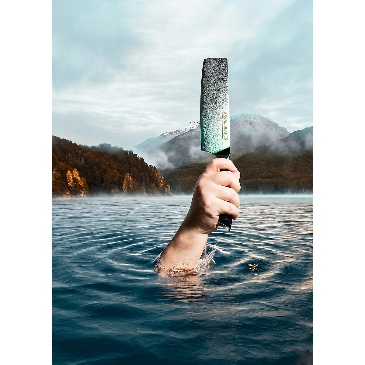 EXCALIBLADES 7 Inch Nakiri Knife, 67 layers of Damascus Steel Chef Knife, Multipurpose Meat Vegetable Sharp Kitchen Knife with Ergonomic Black Turquoise Handle, Sheath included.