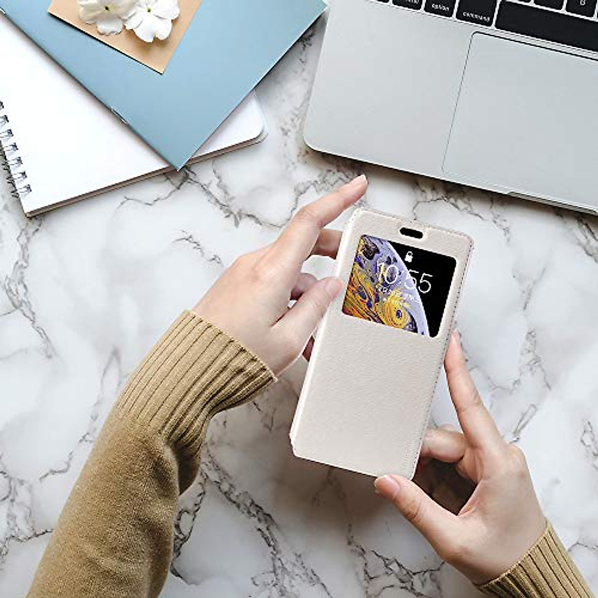 Oppo Reno 2 Case, Wood Grain Leather Case with Card Holder and Window, Magnetic Flip Cover for Oppo Reno 2