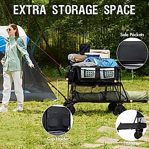 PORTAL 400L Collapsible Double Decker Wagon, Folding Wagon Cart with Tailgate, Beach Wagon with Big Wheels, 450LB Heavy Duty Foldable Wagon, Large Capacity Wagon for Camping, Sports, Garden, Baseball