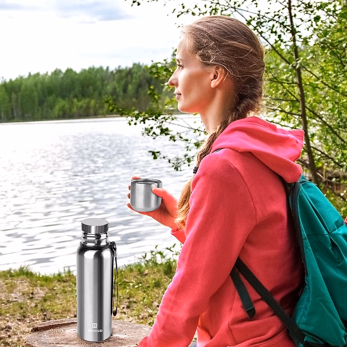 Insulated vacuum Thermo Bottle 750ml/25.4oz with cup Stainless steel coffee bottles for hot and cold drink water flask.(Silver,750ml)