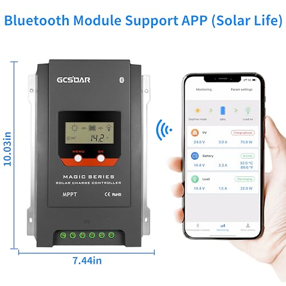 GCSOAR MPPT Charge Controller 40A 12V 24V Auto Max PV 100V LCD Display Built-in Bluetooth Programmable by APP Solar Panel Regulator Common Negative Ground (MPPT 40A + BLE)
