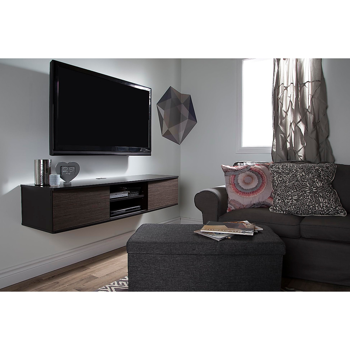 South Shore Floating Wall Mounted Media Console, Chocolate & Zebrano
