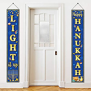 Happy Hanukkah Banner Hanukkah & Chanukah Decorations Porch Hanging Blue Welcome Sign for Home Holiday Party Outdoor Decor
