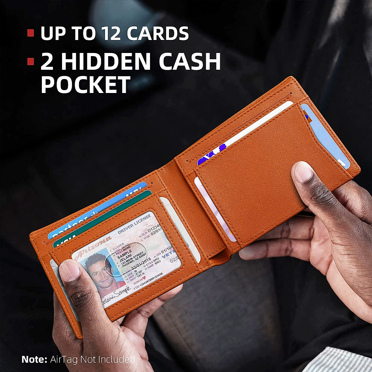 RUNBOX Airtag Wallet Men, Slim but Spacious Wallet for Men with Airtag Holder, Leather Credit Card Case Wallet, Bifold Wallet for Air Tag GPS Tracker, RFID Protected