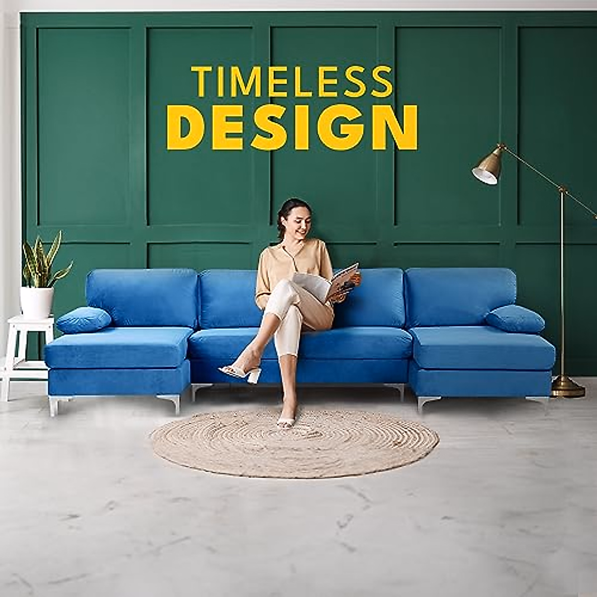 Casa Andrea Milano U-Shape Velvet Fabric Sectional Sofa Couch with Double Extra Wide Chaise, Couch for Living Room Apartment Lounge, Navy