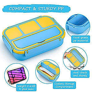 QQKO Bento Lunch Box for Kids Girls Boys, Toddler Kids Lunch Boxes for School, Lunch Containers for Adults Kids with 4 Compartments, Sauce Container, Utensils, Food Picks and Muffin Cups, Blue