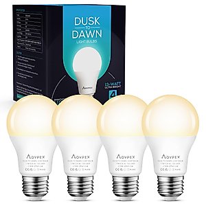 Aovpex Dusk to Dawn LED Outdoor Light Bulbs, 13W 1100LM(100W Equivalent), A19 Sensor LED Bulb, E26 2700K Soft White Day Night Bulbs, Auto ON/Off, Sensor Lighting for Porch Garage Front Door, 4 Pack