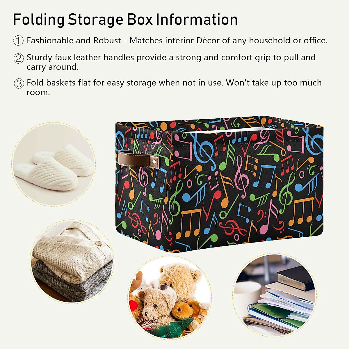 ALAZA Lovely Music Note Foldable Storage Box Storage Basket Organizer Bins with Handles for Shelf Closet Living Room Bedroom Home Office 1 Pack