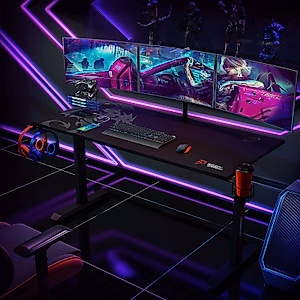 SEVEN WARRIOR Gaming Desk 55’’, T-Shaped Carbon Fiber Surface Computer Desk with Full Mouse Pad, Gamer Desk with Headphone Hook, USB Rack, Cup Holder