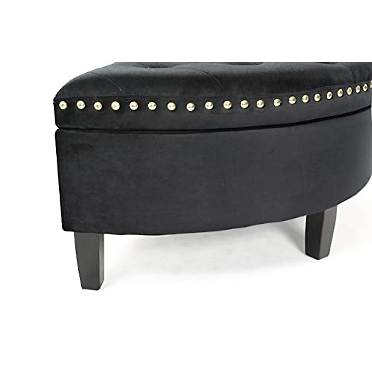 Iconic Home Jacqueline Half Moon Storage Ottoman Button Tufted Velvet Upholstered Gold Nailhead Trim Espresso Finished Wood Legs Bench Modern Transitional Black