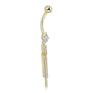 AVORA 10K Yellow Gold Simulated Diamond CZ Tassel Dangle Belly Button Ring Body Jewelry (14 Gauge)