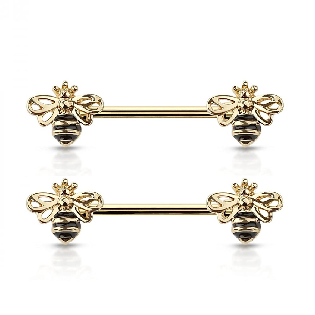Pierced Owl 14GA Double Golden Queen Bee Ends 316L Surgical Stainless Steel Barbells Nipple Rings, Sold as a Pair