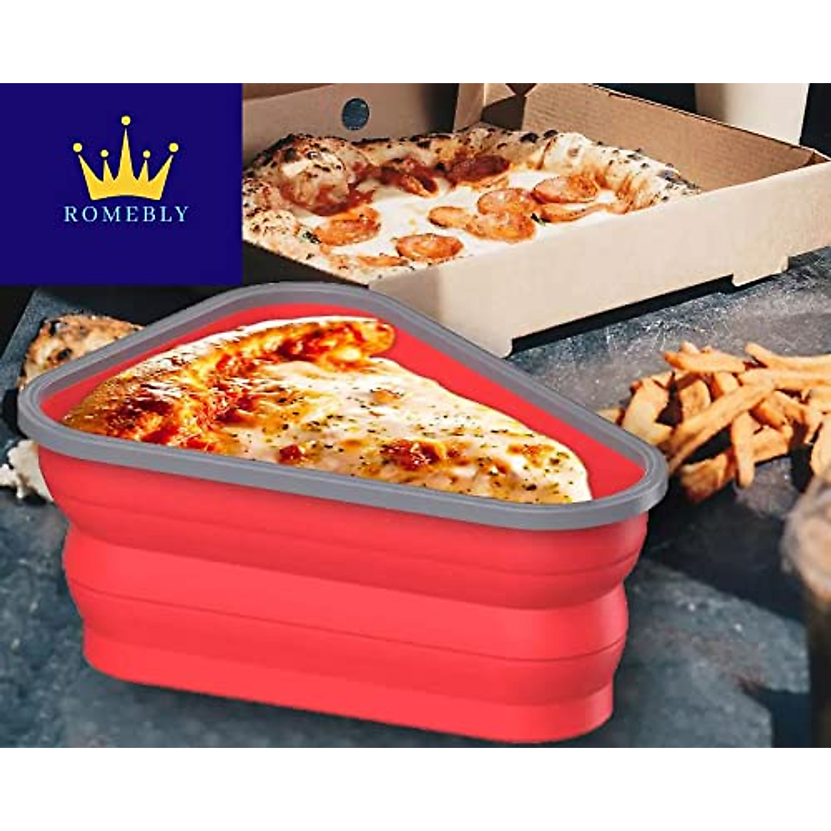 ROMEBLY Pizza Storage Container MULTI-FUNCTIONAL Perfect Pizza Pack a Box with 5 with MICROWABLE Trays and Lid 100% ,BPA ,FDA FREE,MICROWABLE,DISHWASHER SAFE,Red Pizza Box FORDABLE,Pizza Container