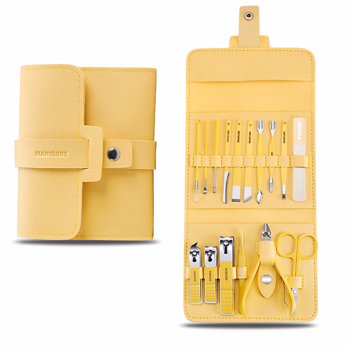 16-Piece Nail Clippers Portable Set, Professional Manicure and Pedicure Set, Manicure Set with Storage Tools, Nail Clippers Set Beauty Tools, Beauty Pliers Pedicure Knife (16 Pcs/Set, Yellow)