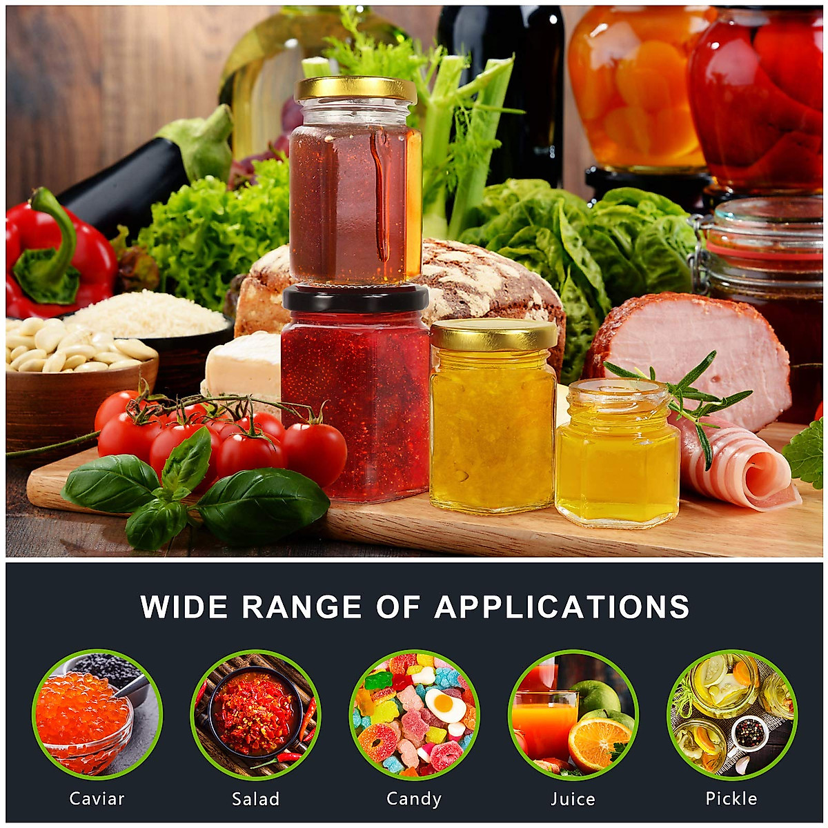 Hexagon Glass Jars with Black Lids, 20pcs 6oz Canning Jars for Jam Honey Jelly Candy Candle Wedding Favors Baby Shower Favors Spice Jars Crafts with 40 chalkboard stickers and one pen for labeling