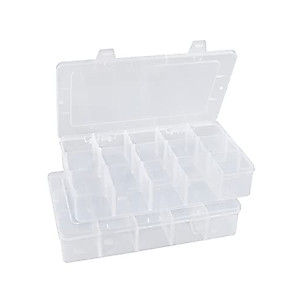 Tnqhuq Plastic Organizer Box Craft Box Bead Organizer Tackle Box Organizer 2 Pack 15 Large Grids Clear Craft Storage Box Snackle Box Container Washi Tape Organizer