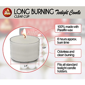Ner Mitzvah Long Lasting Tealight Candles - 6 Hours - White in Clear Cups - Unscented - 80 Pack - Made in EU