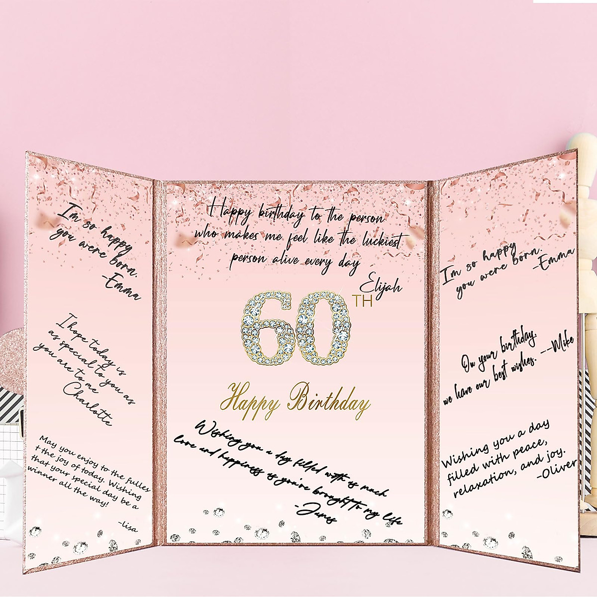 Crenics Rose Gold 60th Birthday Decorations, Creative 60th Birthday Guest Sign in Book Alternative, Large 60th Birthday Signature Book 12" x 18", Great 60 Years Old Birthday Gifts for Women