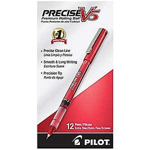 PILOT Precise V5 Stick Liquid Ink Rolling Ball Stick Pens, Extra Fine Point (0.5mm) Red Ink, 12-Pack (35336)
