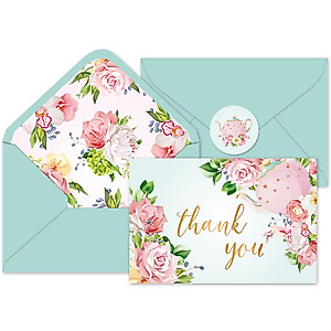 Whaline 36Pcs Floral Thank You Cards with Envelopes and Stickers Tea Party Greeting Cards Flower Teapot Blank Note Cards for Tea Party Weddings Bridal Shower