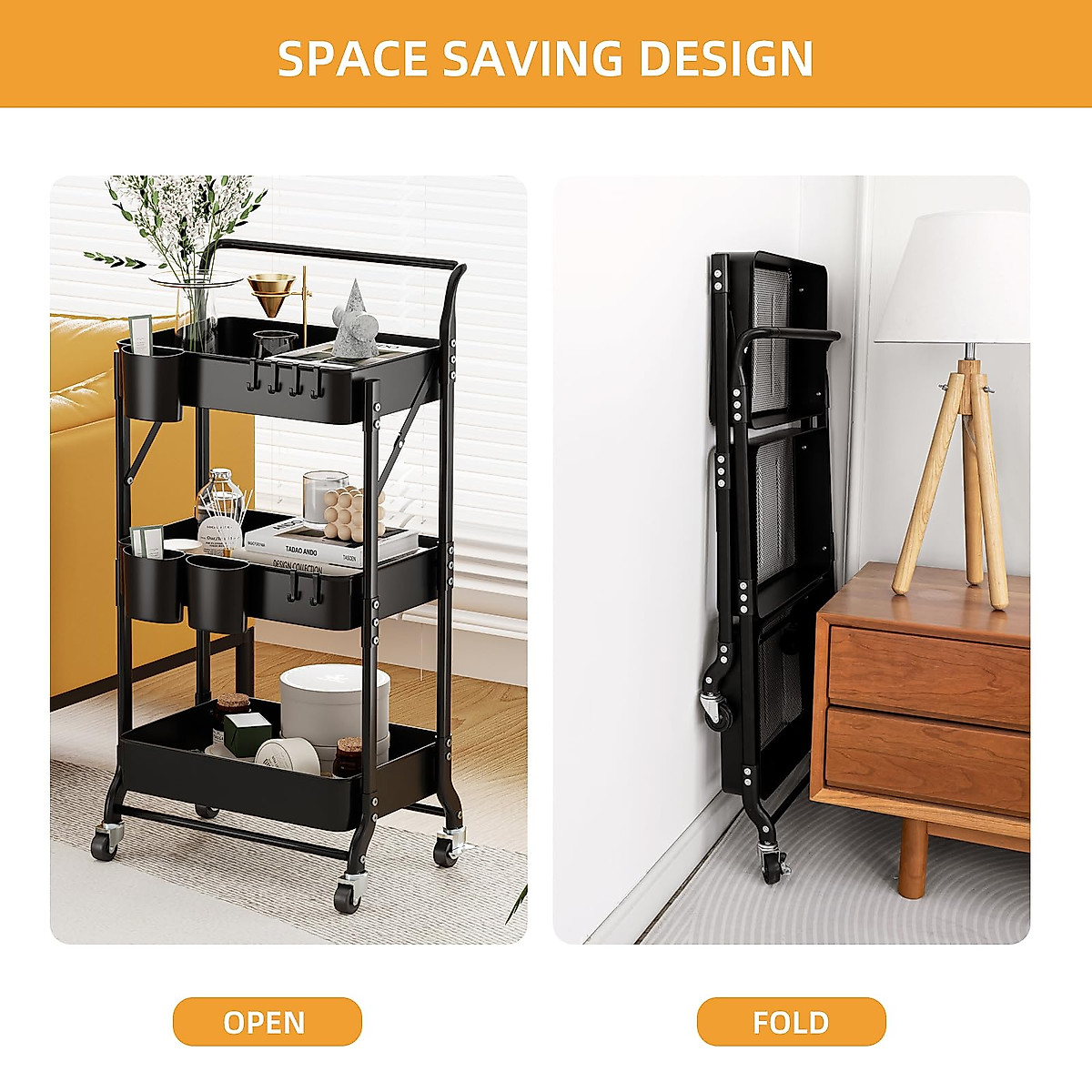 3 Tier Foldable Rolling Cart with Wheels, Folding Utility Cart Organizer, Collapsible Rolling Storage Cart with 3 Hanging Cups & 6 Hooks for Kitchen, Office, Nursery(Black)