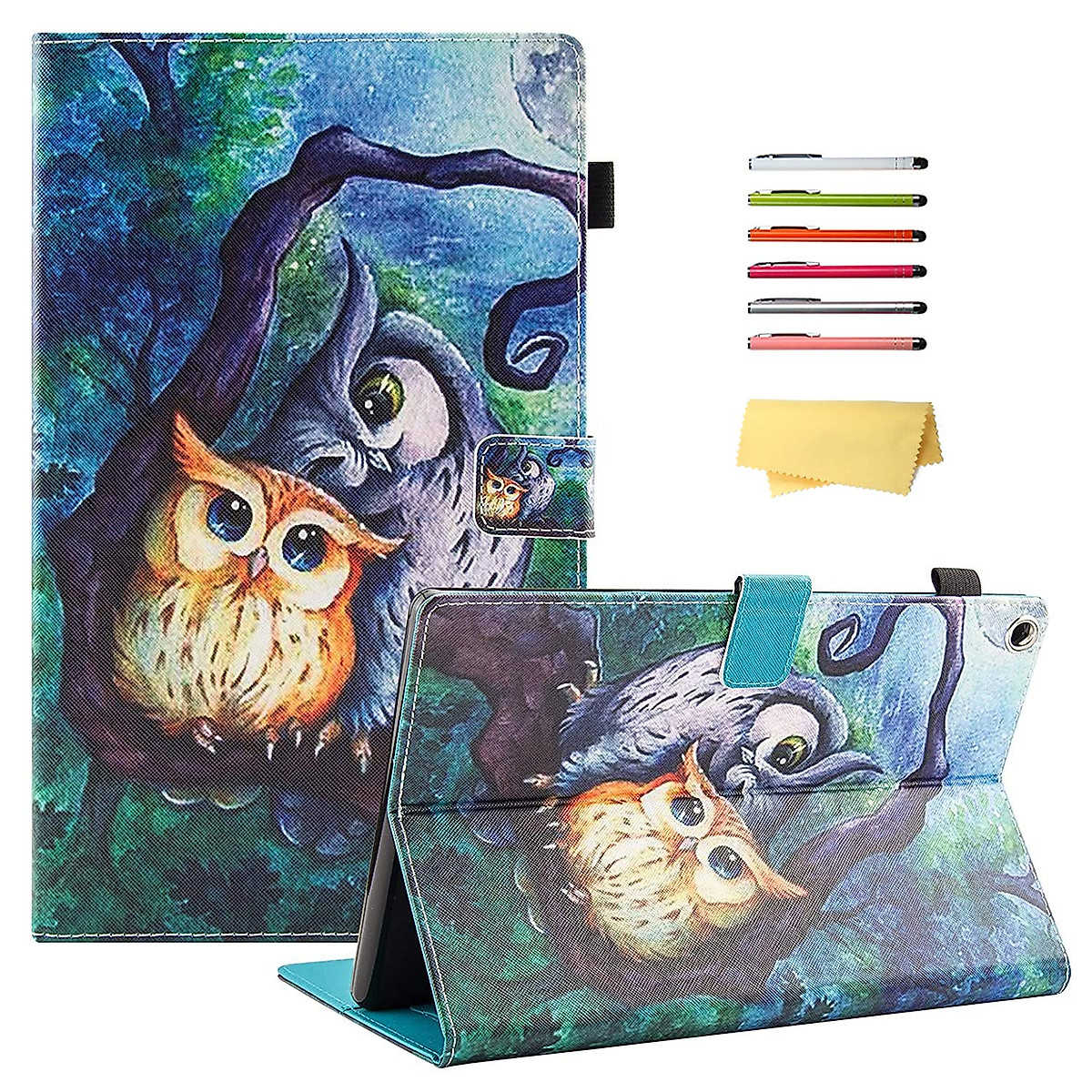 UUcovers for Kindle Fire HD 10 Case 9th/7th Generation (2019/2017) 10.1 inch with Stylus Pencil Holder/Card Slots/Folio Stand PU leather Magnetic Smart Wallet Cover [Auto Wake/Sleep], Oil Painting Owl