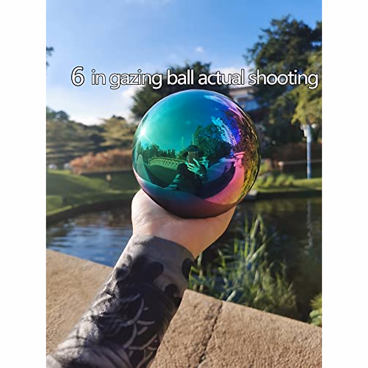 Pangmao Rainbow Gazing Globe Mirror Ball in Stainless Steel, Shiny Hollow Sphere Sparkling Housewarming Outdoor Ornament (6 Inch)