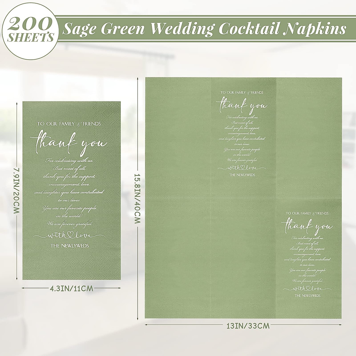 200 Plain Thank You Wedding Napkins Cocktail Beverage Napkins Newlyweds to Family Friends Guests 3 Ply Facial Tissues Napkins Pack Wedding Shower Engagement Rehearsal Dinner Party Supply (Sage Green)